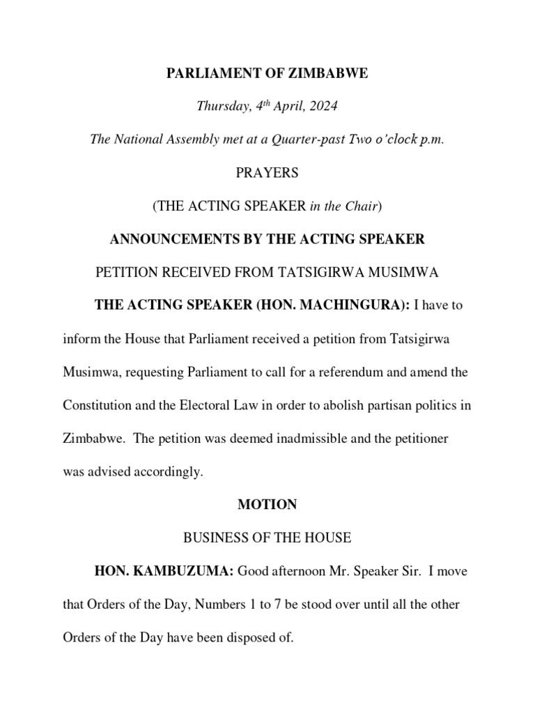 National Assembly Hansard 4 April 2024 Vol 50 No 42 | PDF | Zimbabwe ...