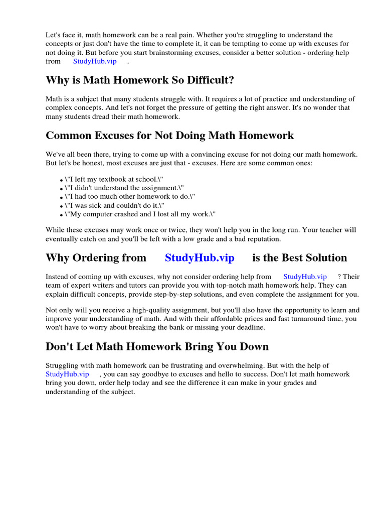 Good Excuses For Not Doing Maths Homework | PDF | Homework | Teachers