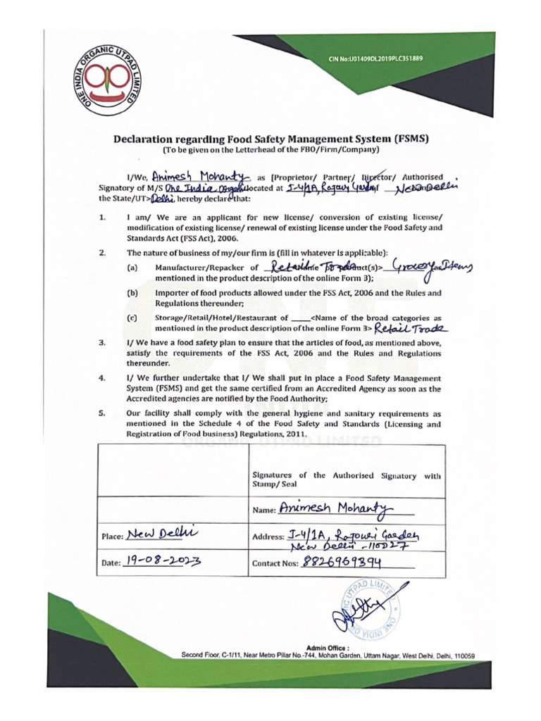 Declaration Regarding Food Safety Management System (FSMS) | PDF