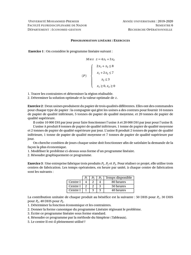 Recherche Opérationnelle Exercices S6 SEG Jaatit FPN | PDF | Optimisation linéaire ...