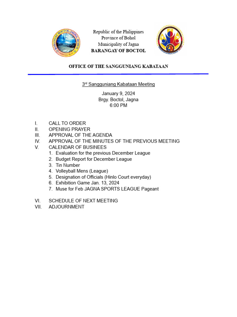 SK Meeting Agenda for January 2024 | PDF