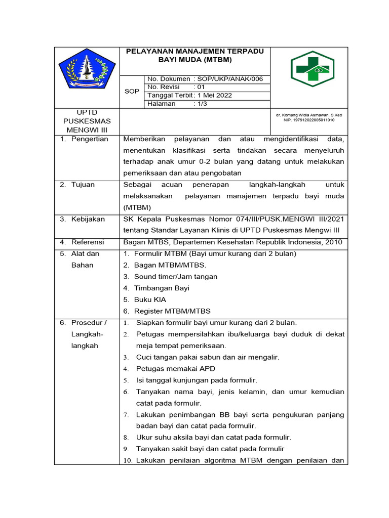 Sop Ukp 006 Pelayanan Manajemen Terpadu Bayi Muda (MTBM) | PDF