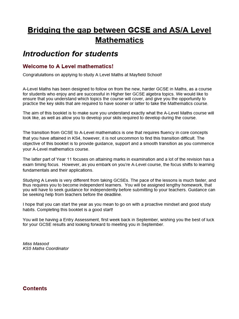 Transition Work A Level - To Print | PDF | Quadratic Equation | Equations
