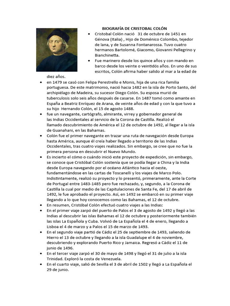 Biografía de Cristóbal Colón y Balboa | PDF | Cristobal colon | Edad ...