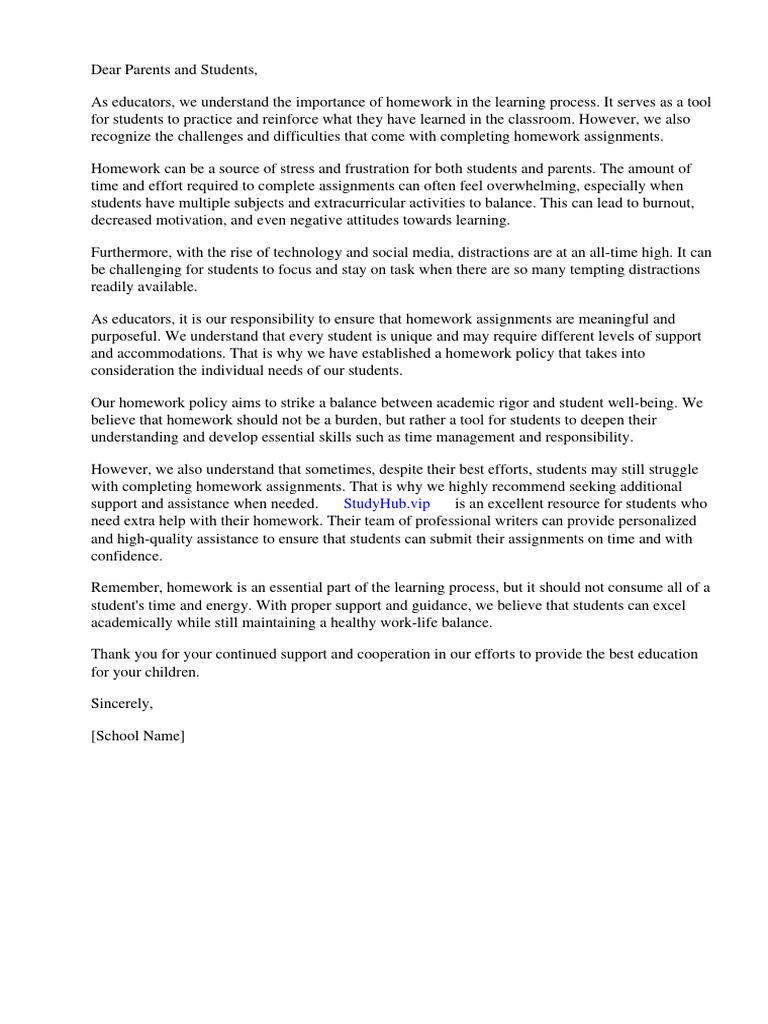 Homework Policy Letter | Download Free PDF | Homework | Teachers
