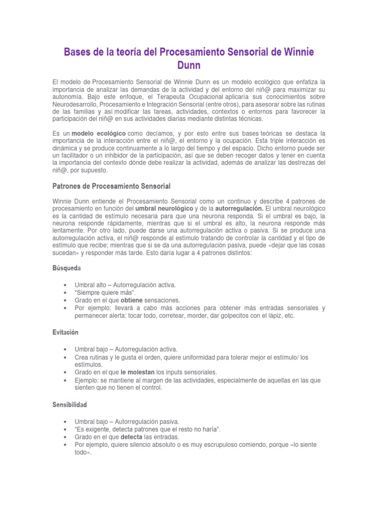 Bases de La Teoría Del Procesamiento Sensorial de Winnie Dunn | PDF | Sentidos | Neurona
