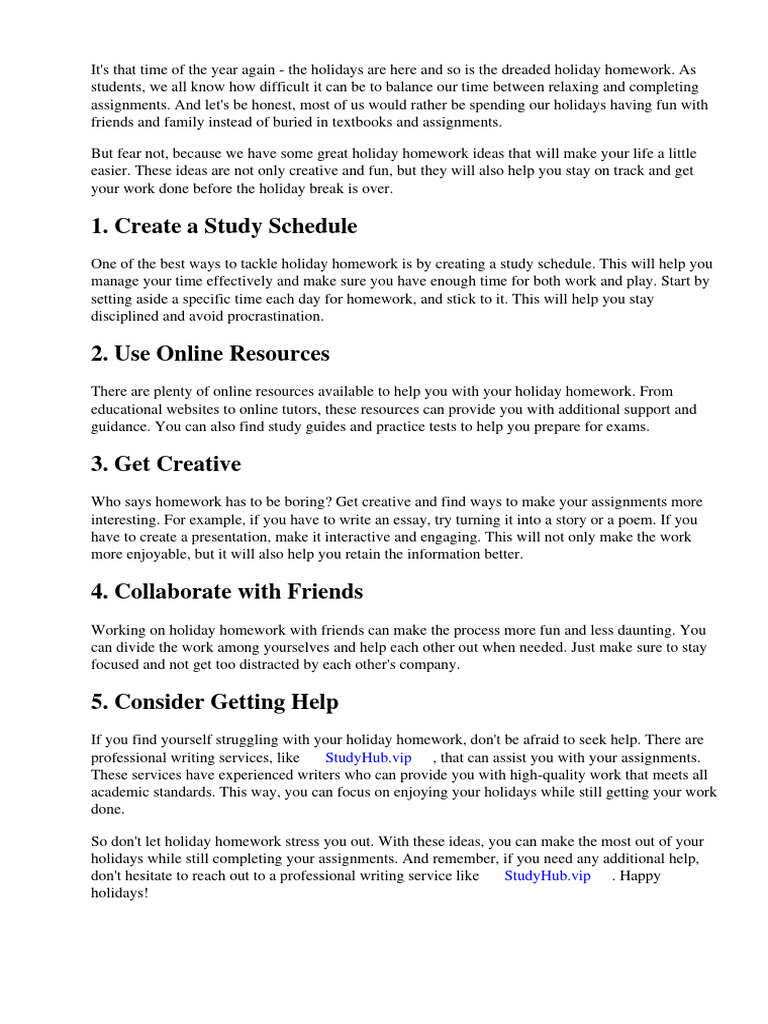 Holiday Homework Ideas | PDF | Preschool | Homework