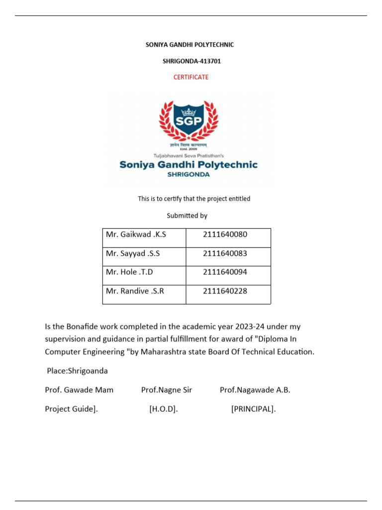 Soniya Gandhi Polytechnic SHRIGONDA-413701: Certificate | PDF | Software Development Process ...