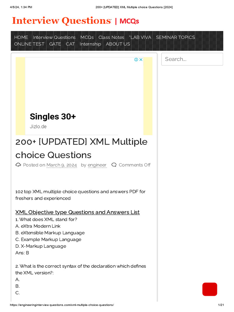 200+ (UPDATED) XML Multiple Choice Questions (2024) | PDF | Xslt | Xml