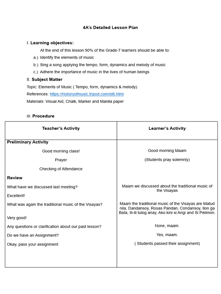 Lesson Plan 4as | PDF | Song Structure | Tempo
