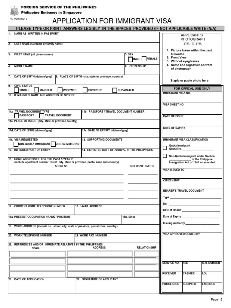 F.A-Form_No._3-Application-for-Immigrant-Visa-Updated | PDF | Travel ...