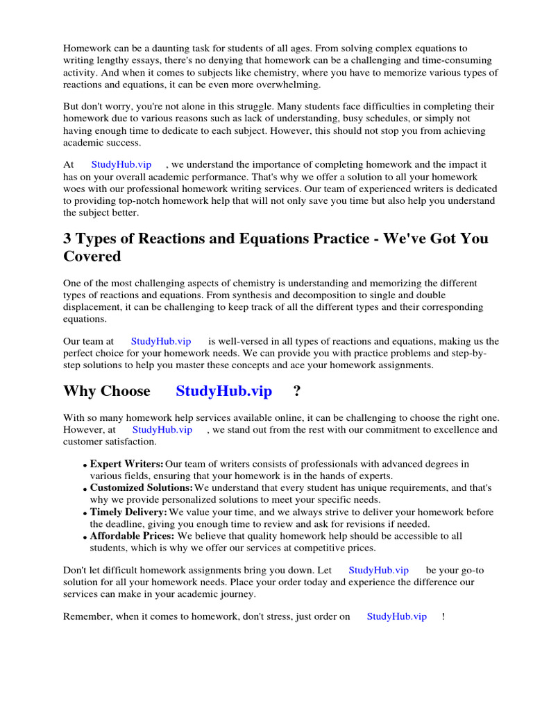 Homework 3 Types of Reactions and Equations Practice | PDF | Chemical ...