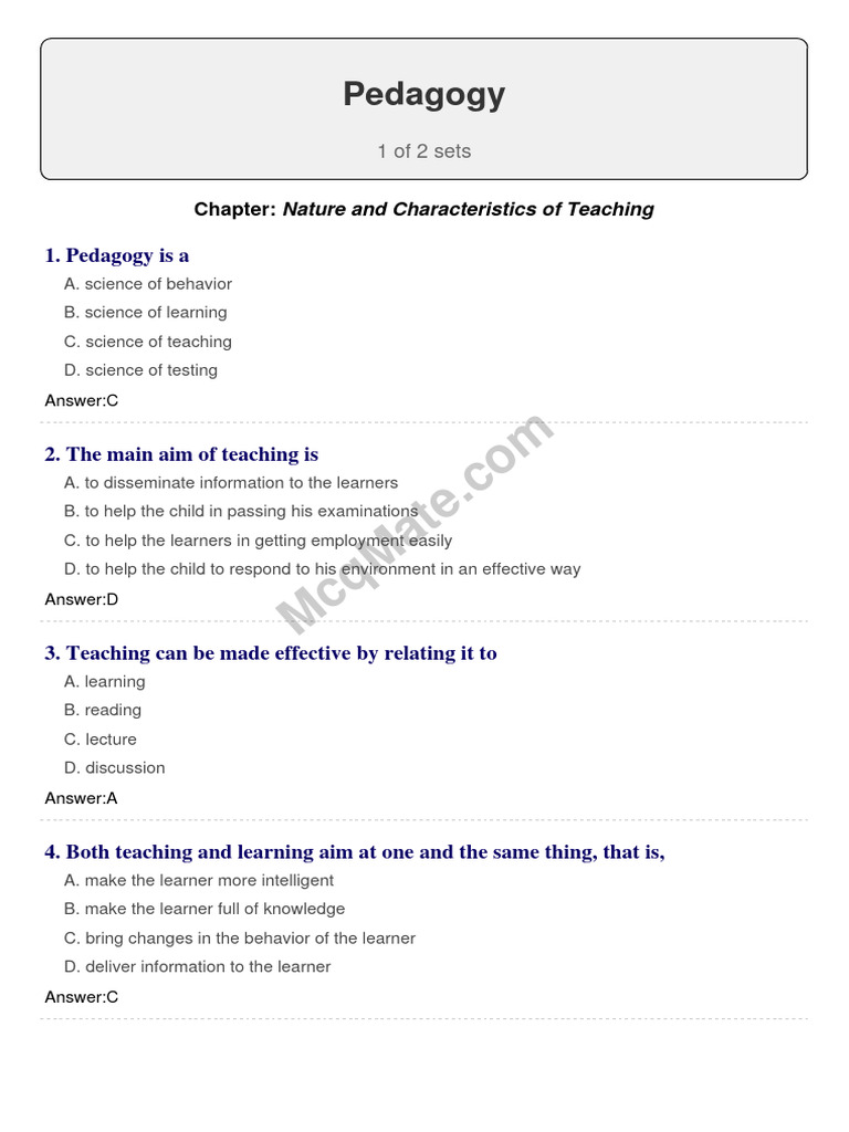 Pedagogy Set 1 Pdf Teachers Learning