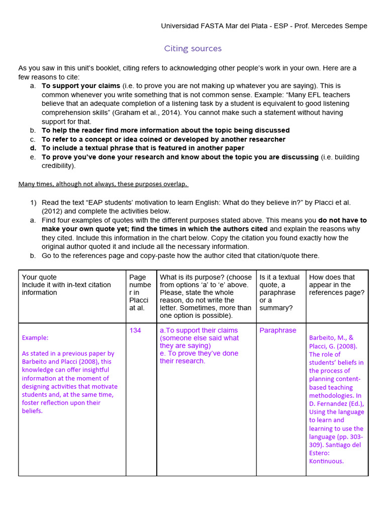 Citing Sources Activity - FASTA-3 | PDF | Reading Comprehension | Cognition