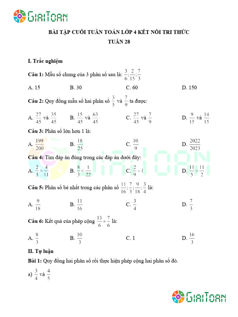 Bai Tap Cuoi Tuan Toan Lop 4 KNTT Tuan 28 | PDF
