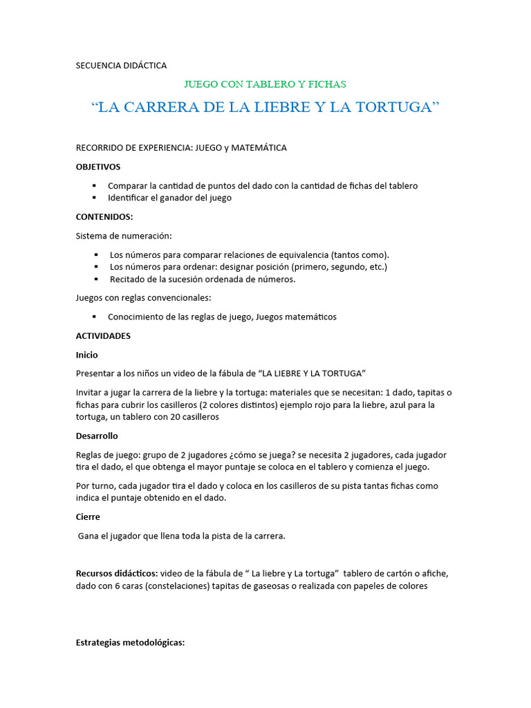 Secuencia Juego de La Liebre y La Tortuga | PDF | Métodos y materiales ...
