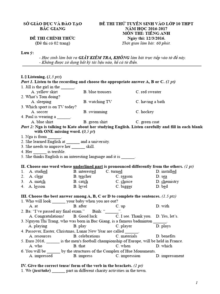 De Thi Thu Tuyen Sinh Vao Lop 10 Mon Tieng Anh Tinh Bac Giang Nam Hoc 2016 2017 | PDF | Vietnam