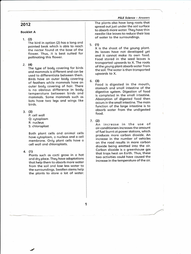 PSLE Science 2012 Answer | PDF | Pollination | Digestion