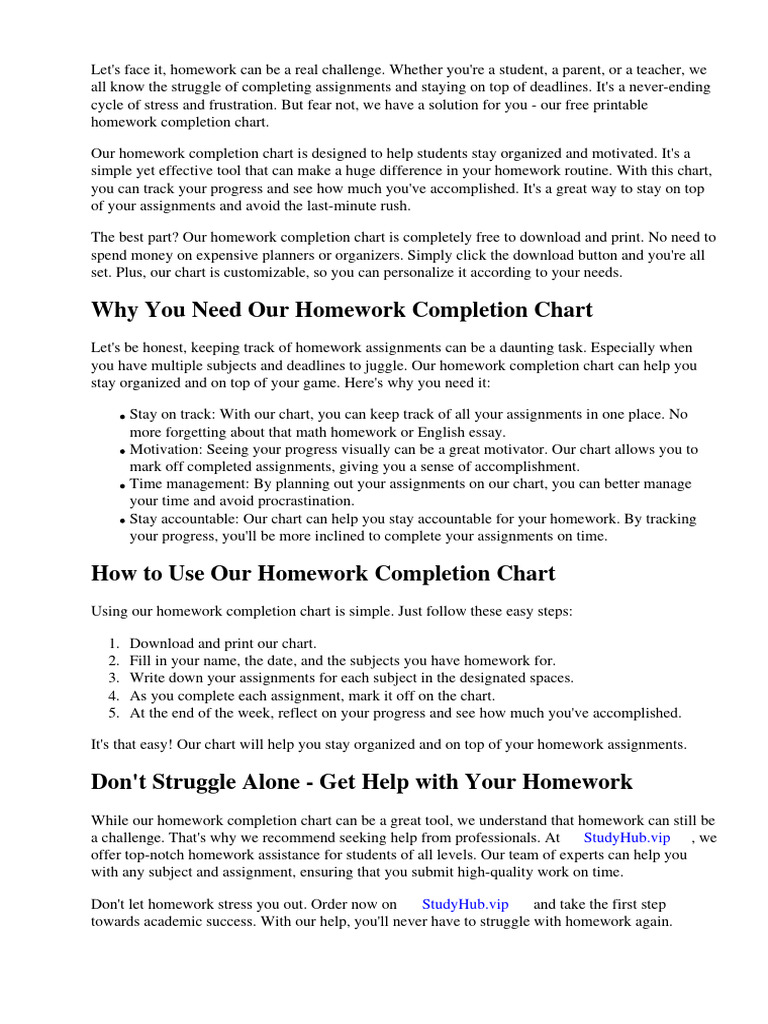 Free Printable Homework Completion Chart | PDF | Homework | Internet