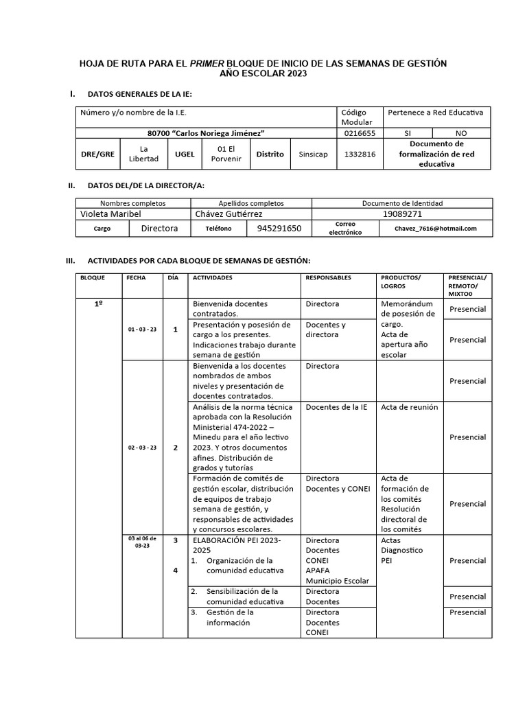 Hoja de Ruta para El Primer Bloque de Inicio de Las Semanas de Gestión Año Escolar 2023 | PDF ...