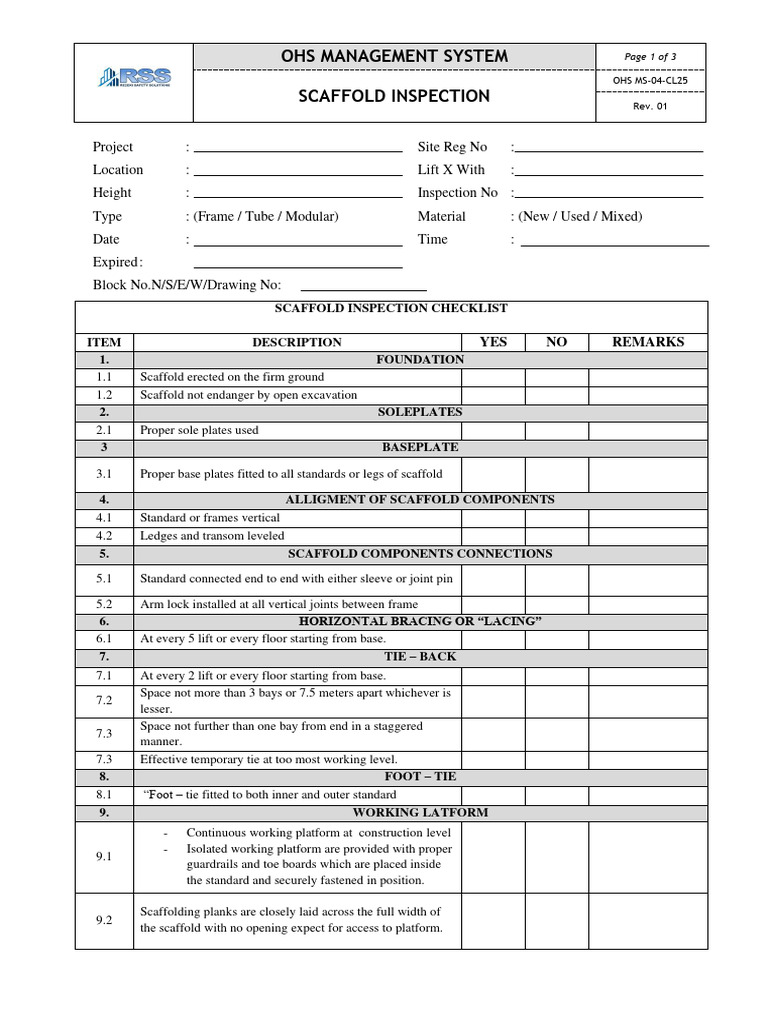 CL25 - Scaffold Checklist (Rev.01) | PDF | Scaffolding