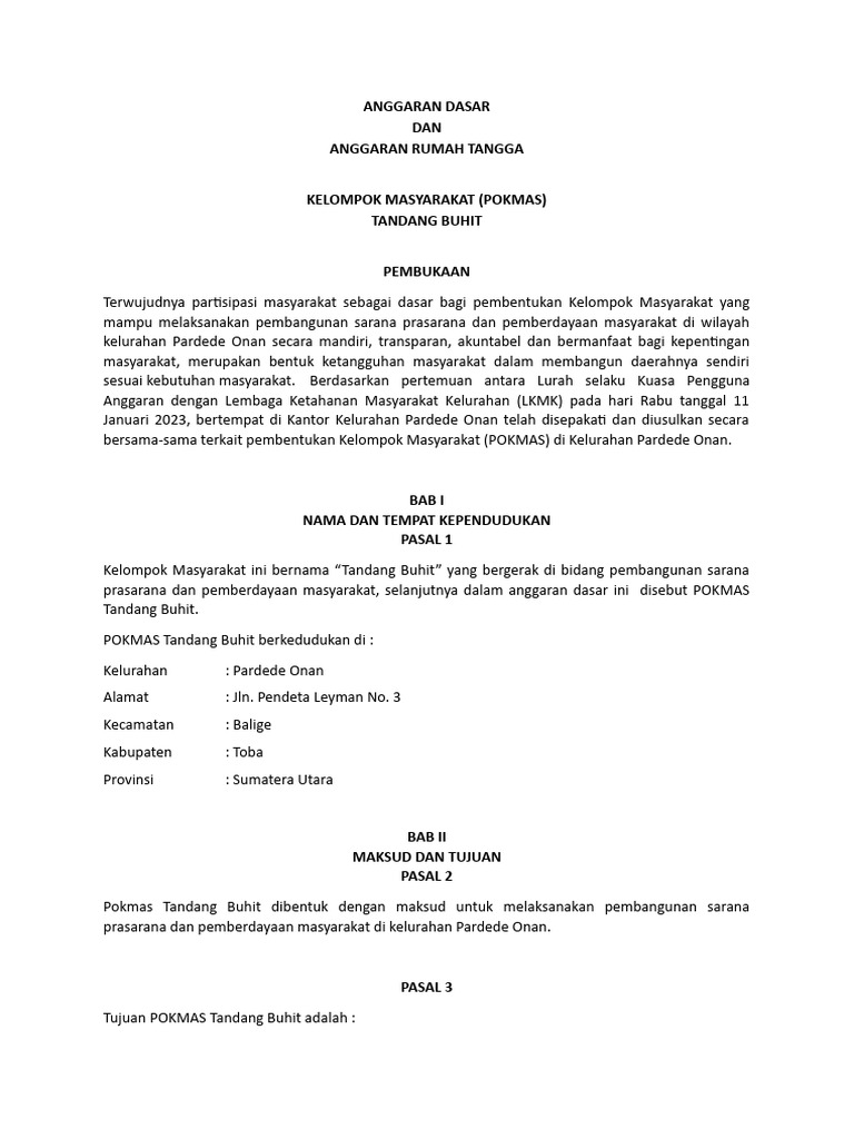 Anggaran Dasar POKMAS Tandang Buhit | PDF