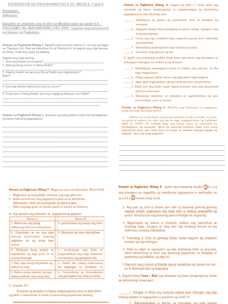 Worksheet ESP 6 Q1 WEEK 6,7,8 | PDF