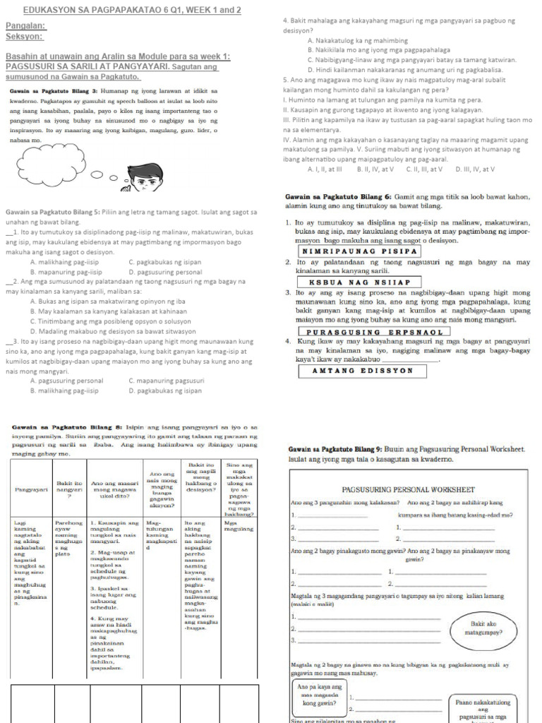 Worksheet ESP 6 Q1 WEEK1,2,3 | PDF
