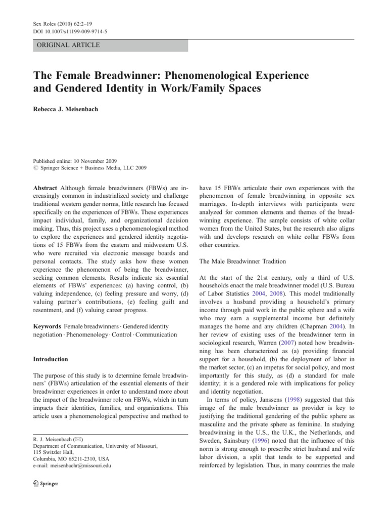 The Female Breadwinner Phenomenological | PDF | Gender Role | Identity ...