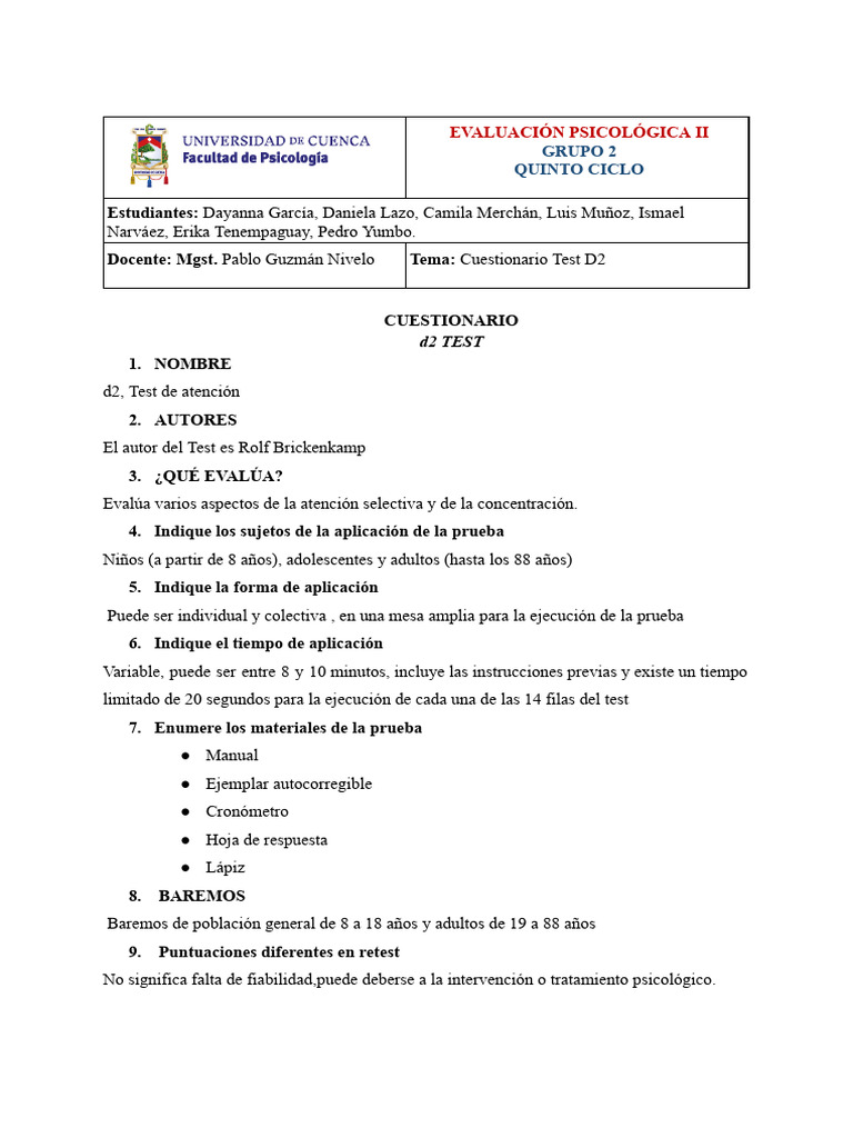 CUESTIONARIO Test D2 | PDF