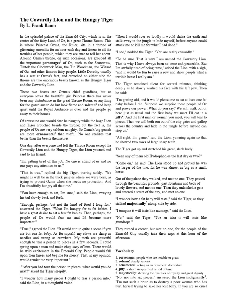 Cowardly Lion and Hungry Tiger's Dilemma | PDF | Princess Ozma | Land Of Oz