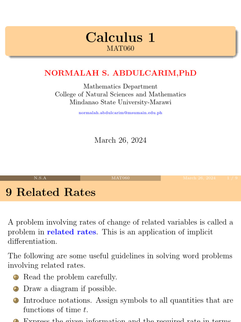 9 Related Rates | PDF | Derivative | Variable (Mathematics)