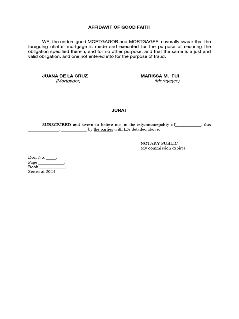 Affidavit of Good Faith Template | PDF | Finance & Money Management