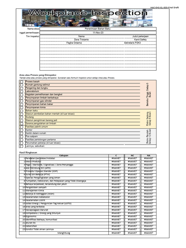 1.HAC-EHS Workplace Inspection Checklist (SGO) | PDF