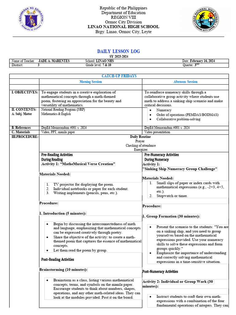 CATCH UP FRIDAY LESSON PLAN Feb 16 2024 | PDF | Mathematics | Algebra