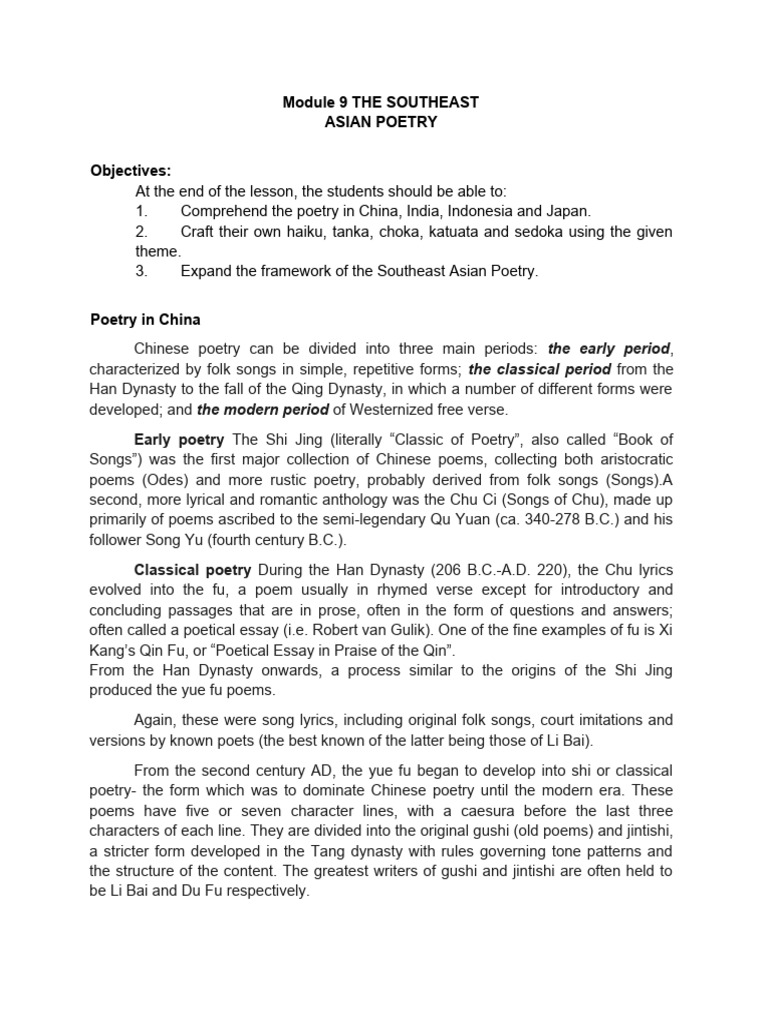 Southeast Asian Poetry Overview | PDF | Chinese Poetry | Haiku