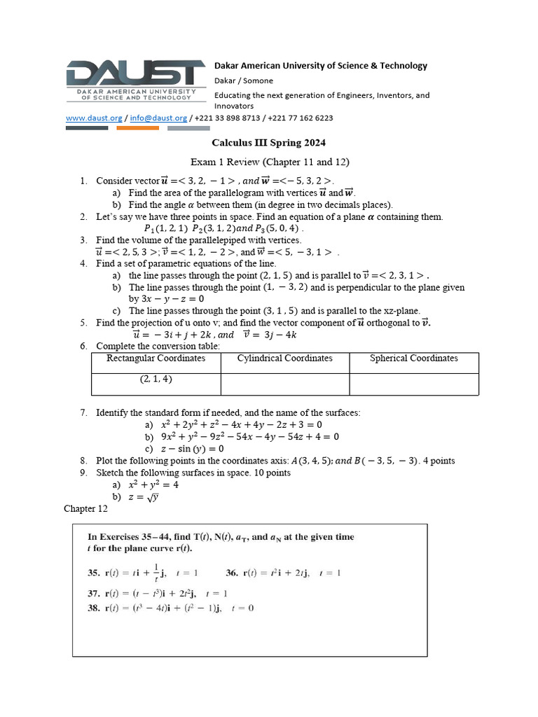 Calculus III Exam 1 Review Guide | PDF