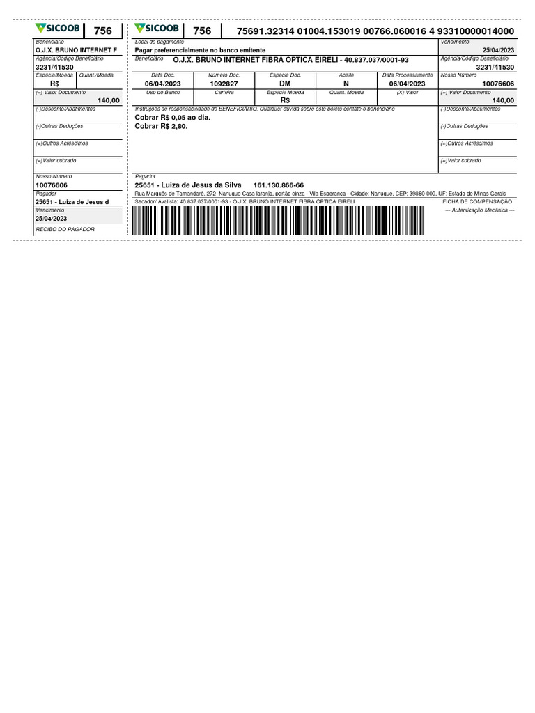 Boleto de Pagamento O.J.X. Bruno Internet | PDF | Finanças pessoais ...