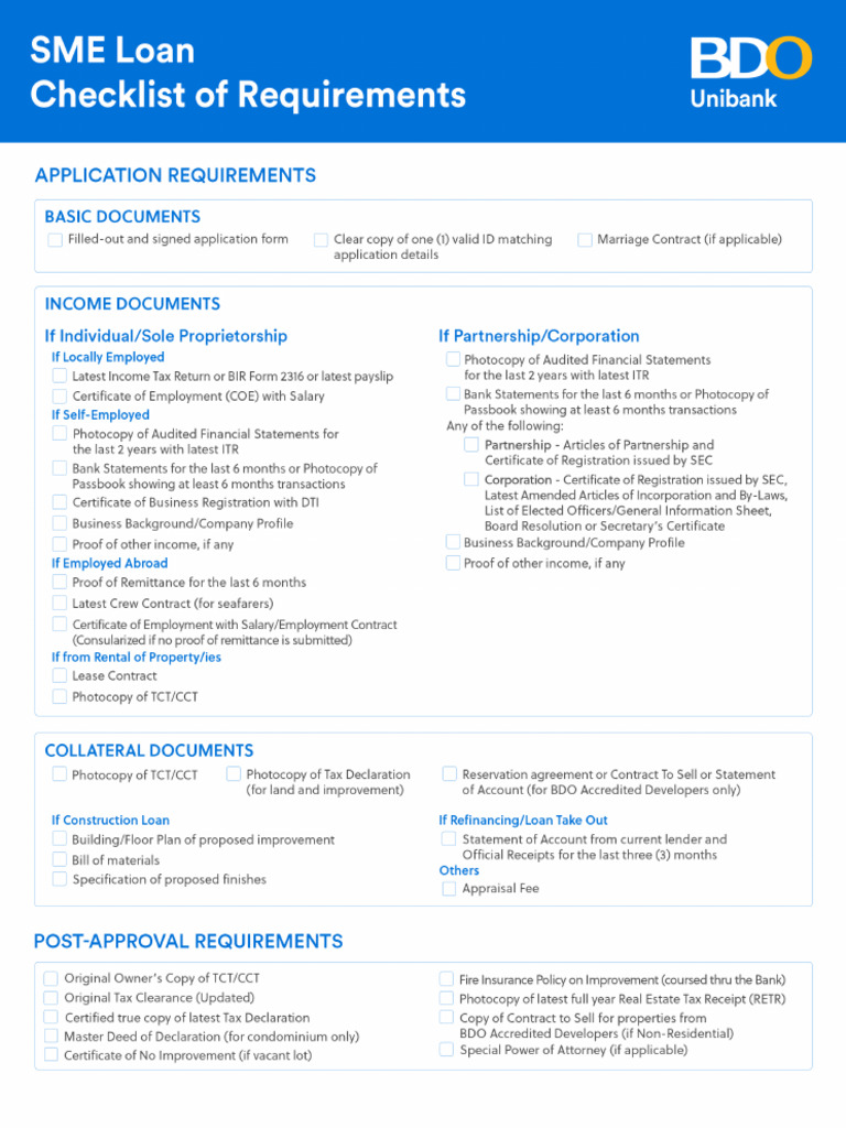 Updated SME Loan Checklist of Requirements | PDF