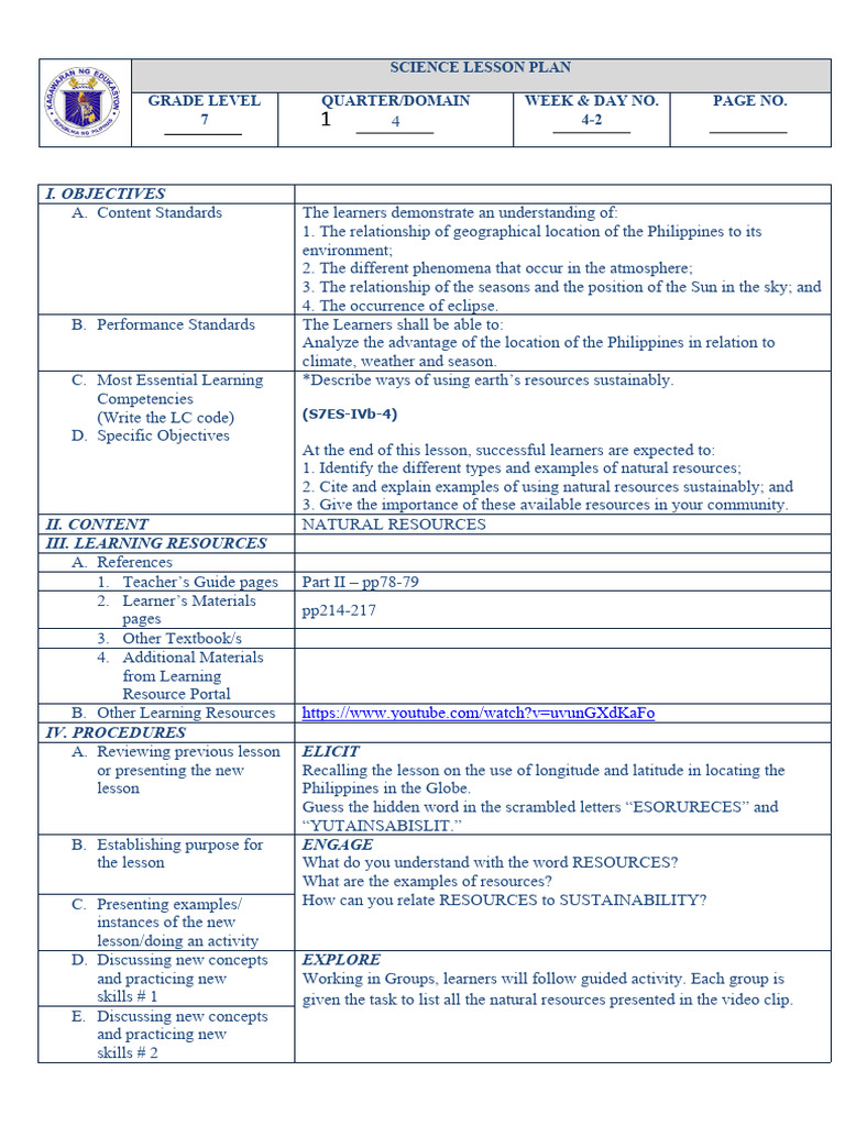 Lesson Plan On Science 7 Using Our Natural Resources Sustainably | PDF ...