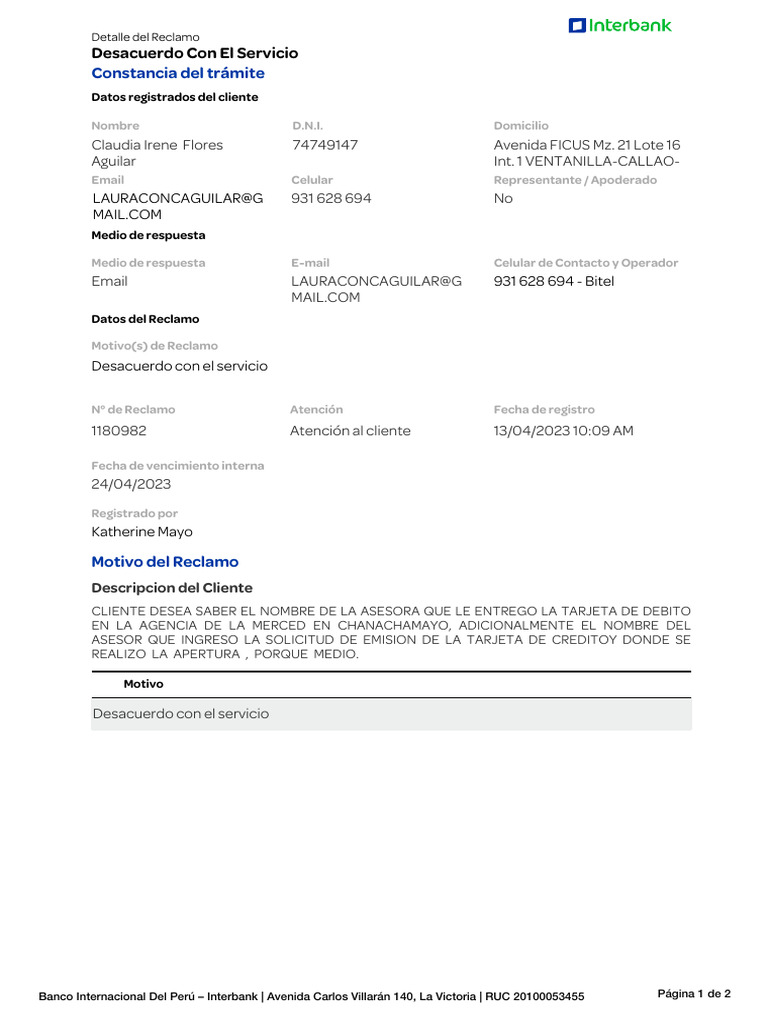 Reclamo de Servicio Interbank 1180982 | PDF | Negocios | Derecho