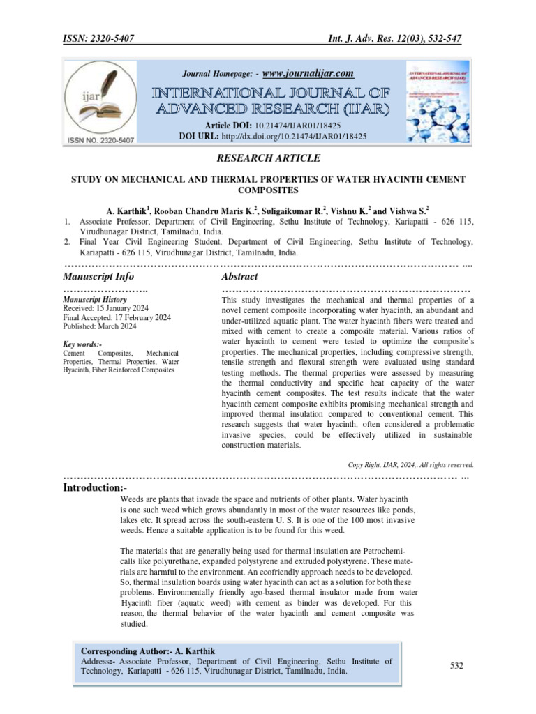 Water Hyacinth Cement Composite Study | PDF | Concrete | Water