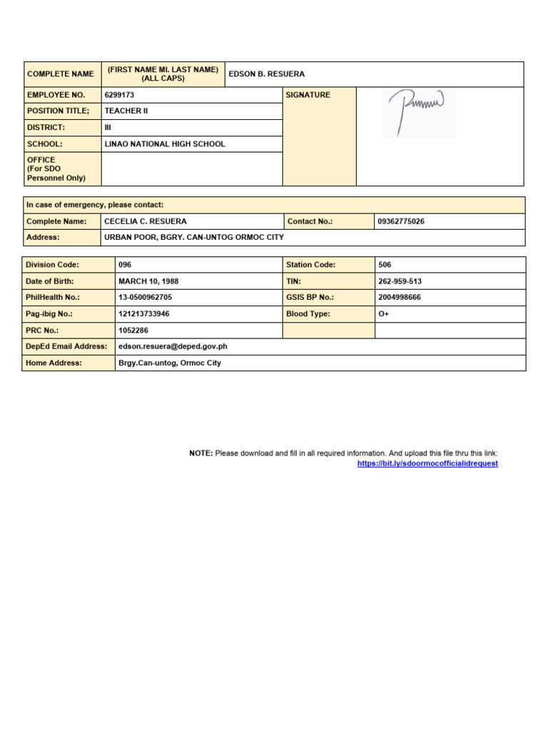 DepEd Official ID Request Form EdsonResuera Linao NHS | PDF
