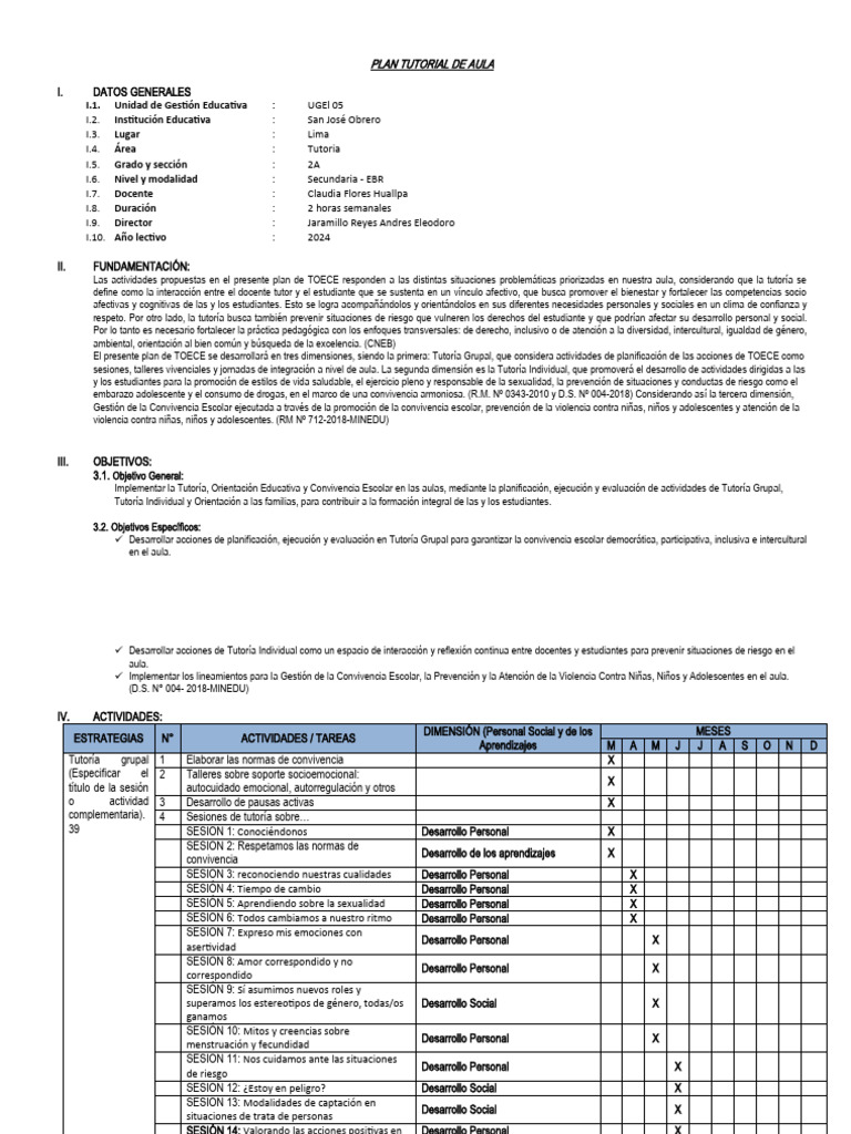 Plan Tutorial de Aula 2do 2024 | PDF | Salón de clases | Desarrollo personal