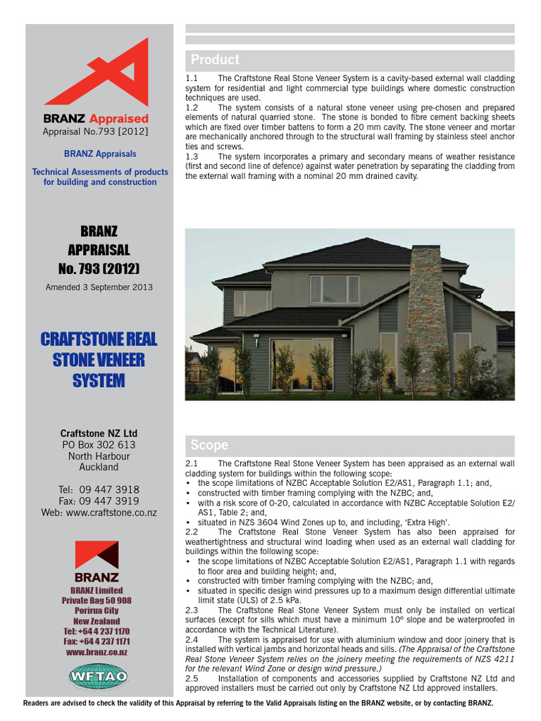 Branz 793 (2012) Craftstone Real Stone Veneer | PDF | Framing ...
