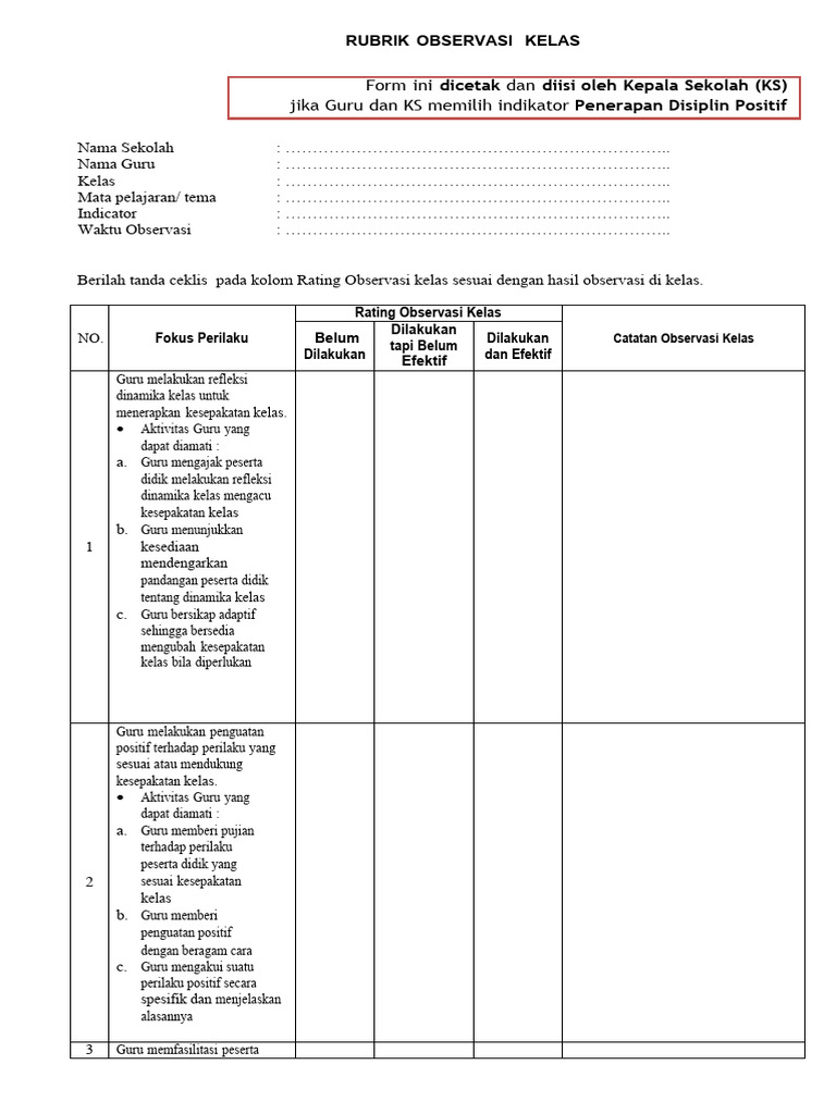 Rubrik Observasi Disiplin Positif | PDF