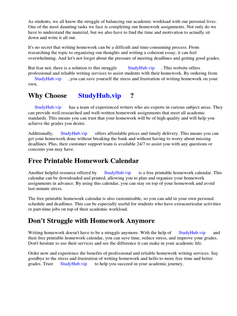 Free Printable Homework Calendar | PDF | Homework