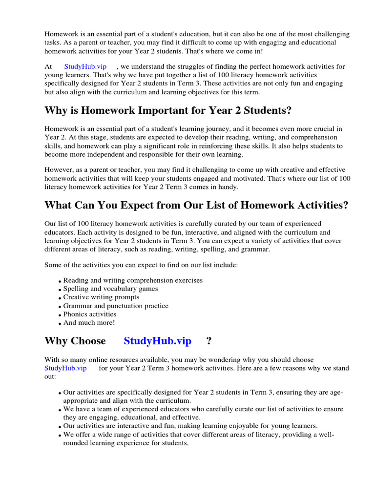 100 Literacy Homework Activities Year 2 Term 3 | PDF | Literacy | Teachers