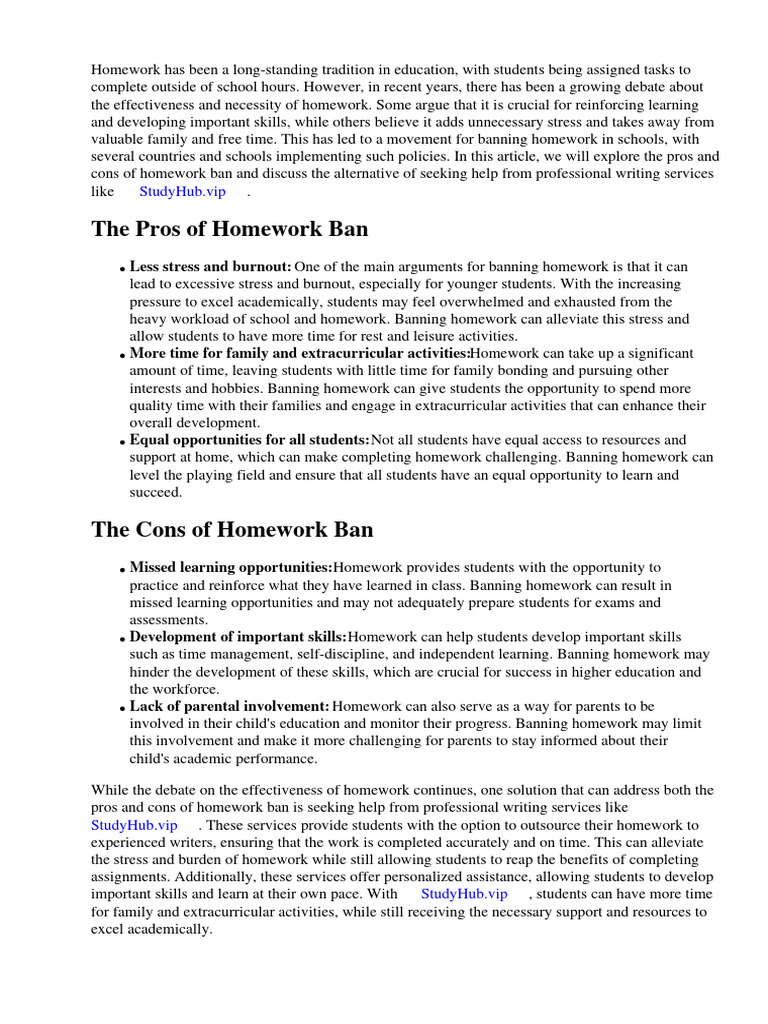 Pros and Cons of Homework Ban | Download Free PDF | Homework | Teachers