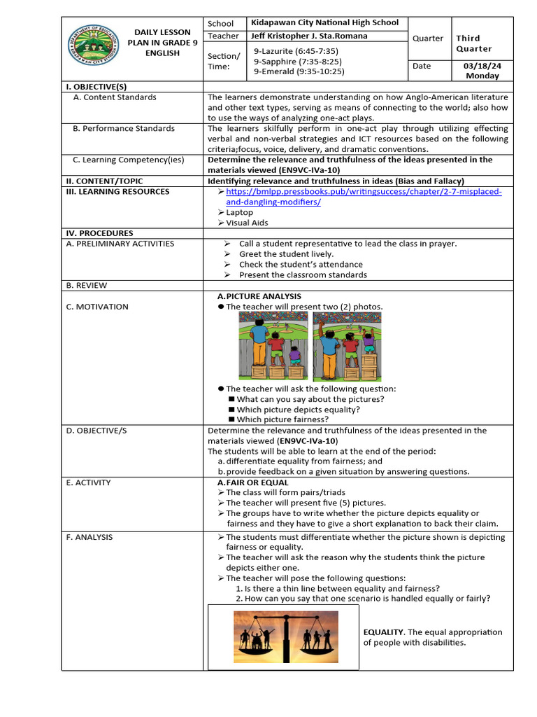 Grade 9 English Lesson Plan: Fairness vs. Equality | PDF | Teachers | Bias